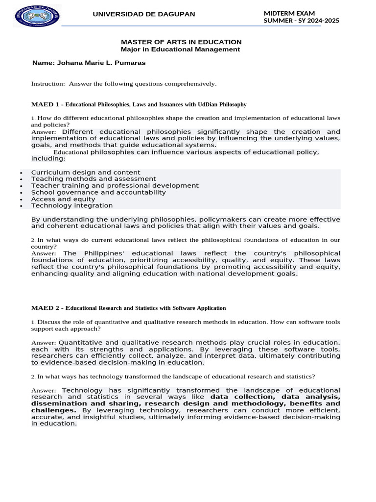 Johana Marie L Pumaras Summer Maed Term Exam For New Students | PDF | Qualitative Research ...