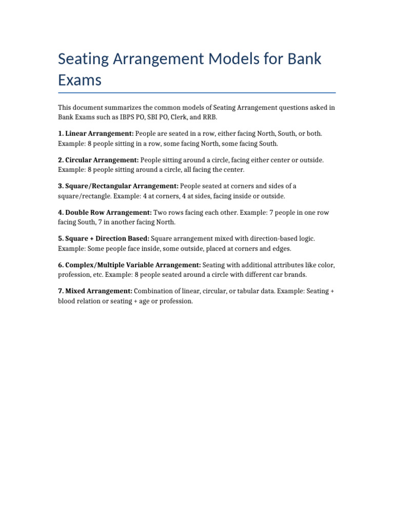 Seating Arrangement Models Bank Exams | PDF