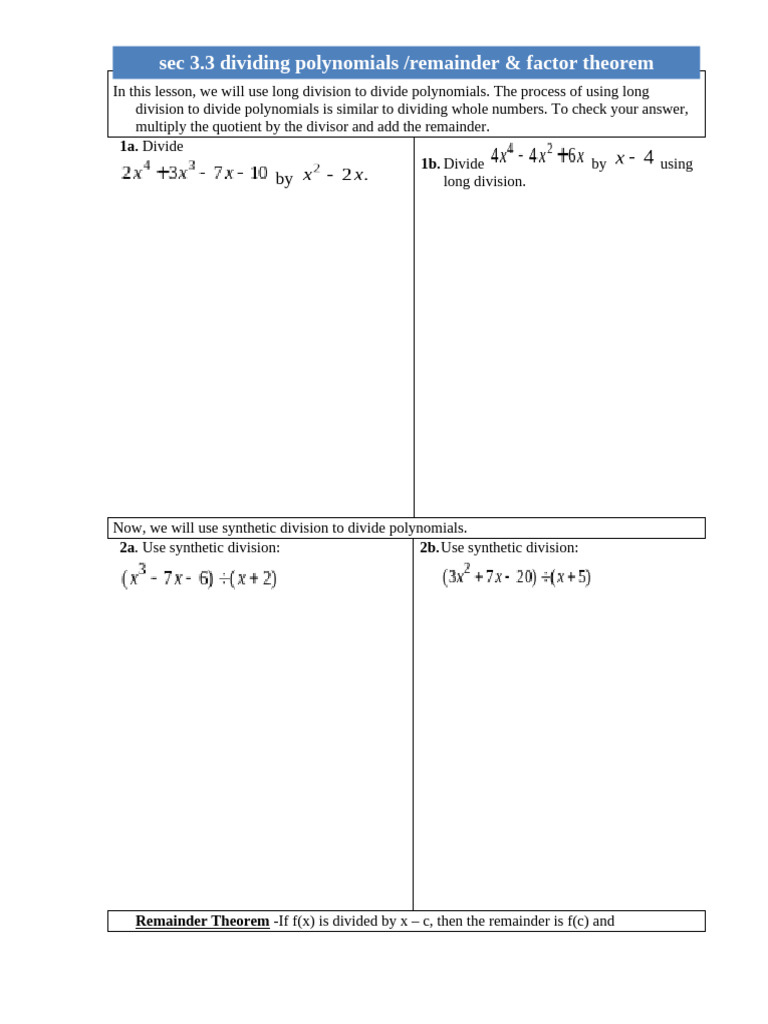 Dividing Polynomials: Long & Synthetic Methods | PDF