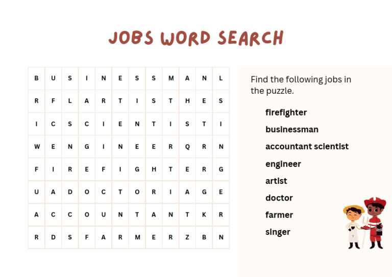 Job Word Search Digital Worksheet in Simple Illustrative Style | PDF