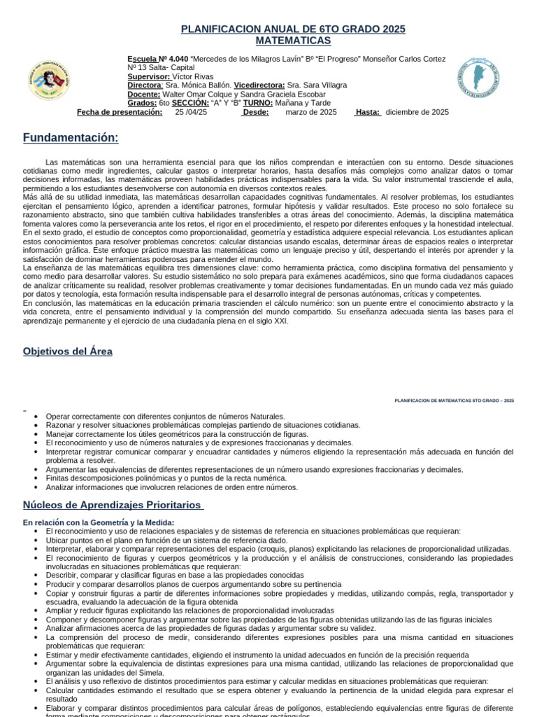 Planificación Matemáticas 6to Grado 2025 | PDF | Geometría | Matemáticas