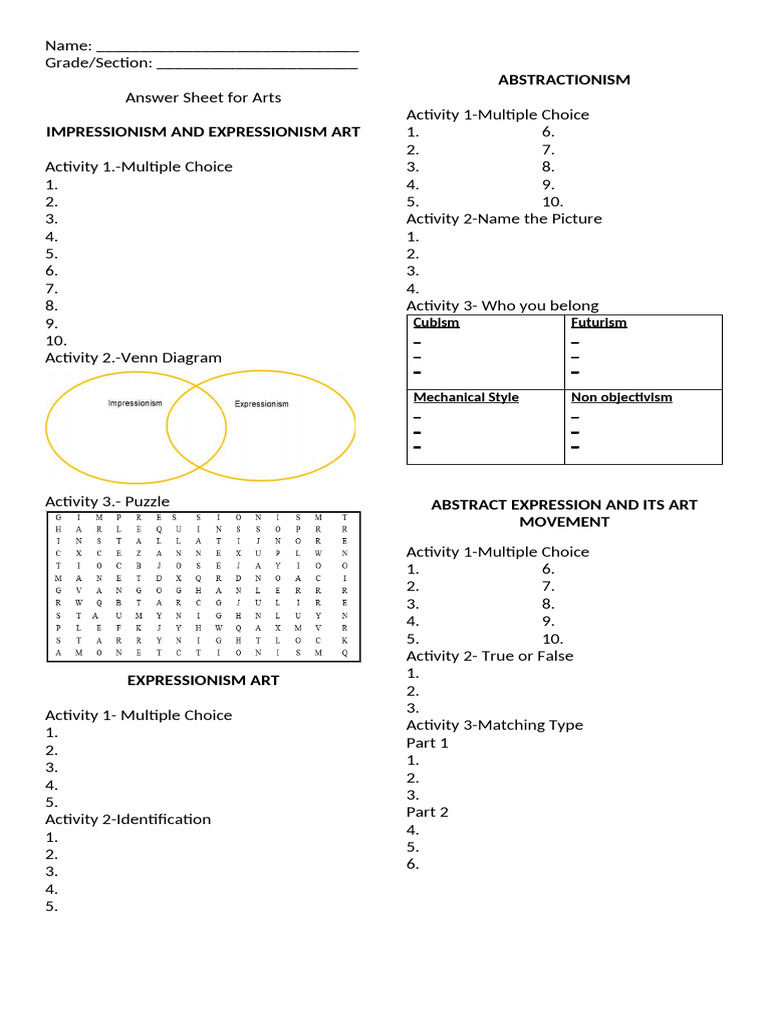 Impressionism vs Expressionism Activities | PDF | Chess Openings ...