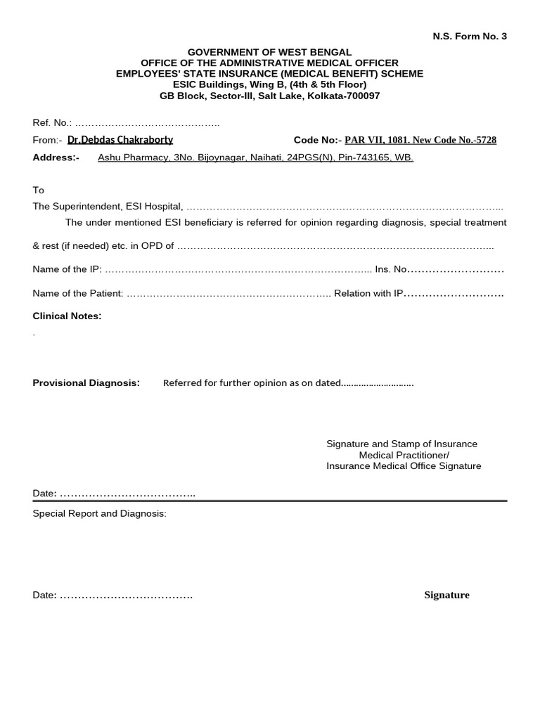ESIC Form No. 3 for Medical Benefits | PDF