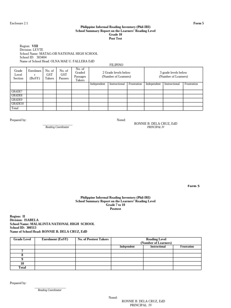 Phil-IRI School Summary Report: Grades 7-10 | PDF