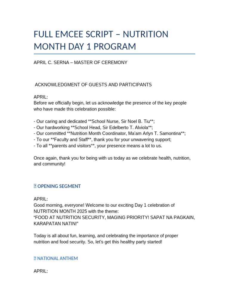 Emcee Script for Nutrition Month 2025 | PDF