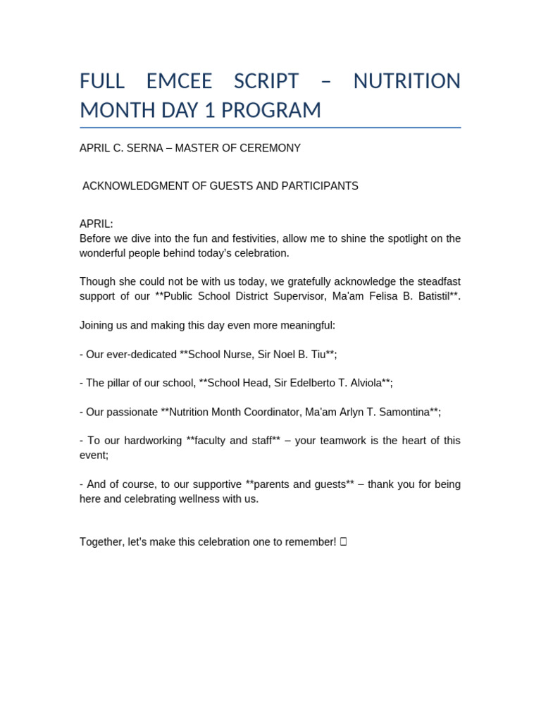 Nutrition Month 2025 Emcee Script Creative Acknowledgment | PDF