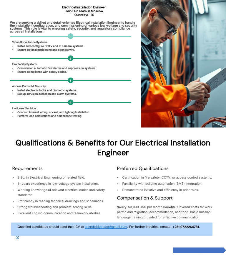 Electrical Installation Engineer Join Our Team in Moscow | PDF