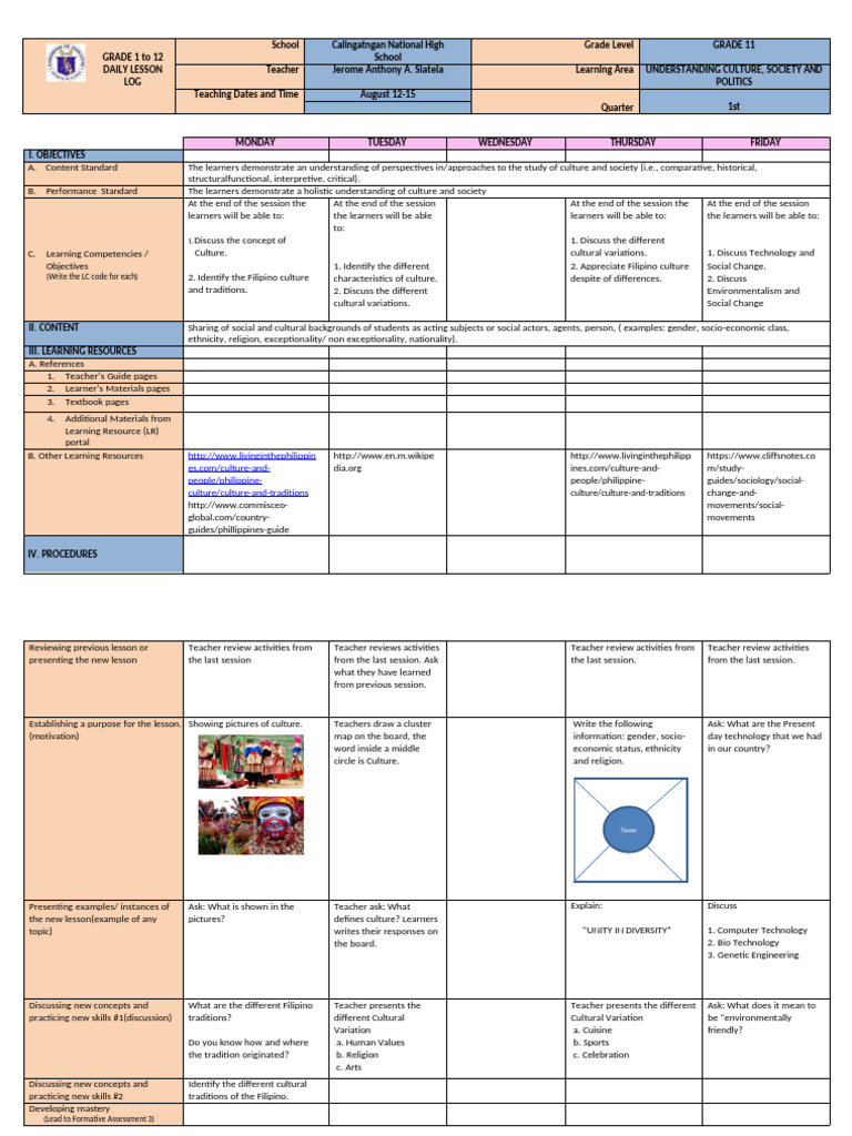 Grade 1 To 12 Daily Lesson Log Ucsp q2 | PDF | Learning | Teachers