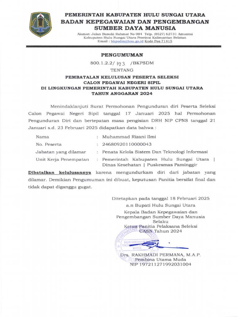 Pengumuman Pembatalan Kelulusan CPNS | PDF