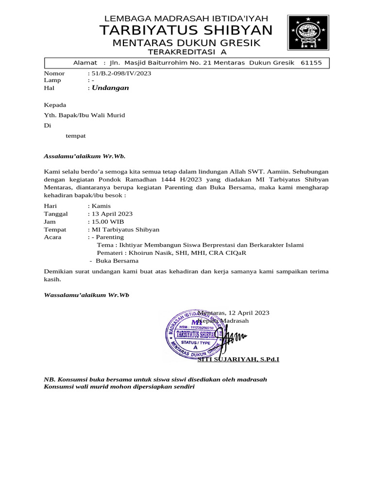 Undangan Parenting dan Buka Bersama MI | PDF