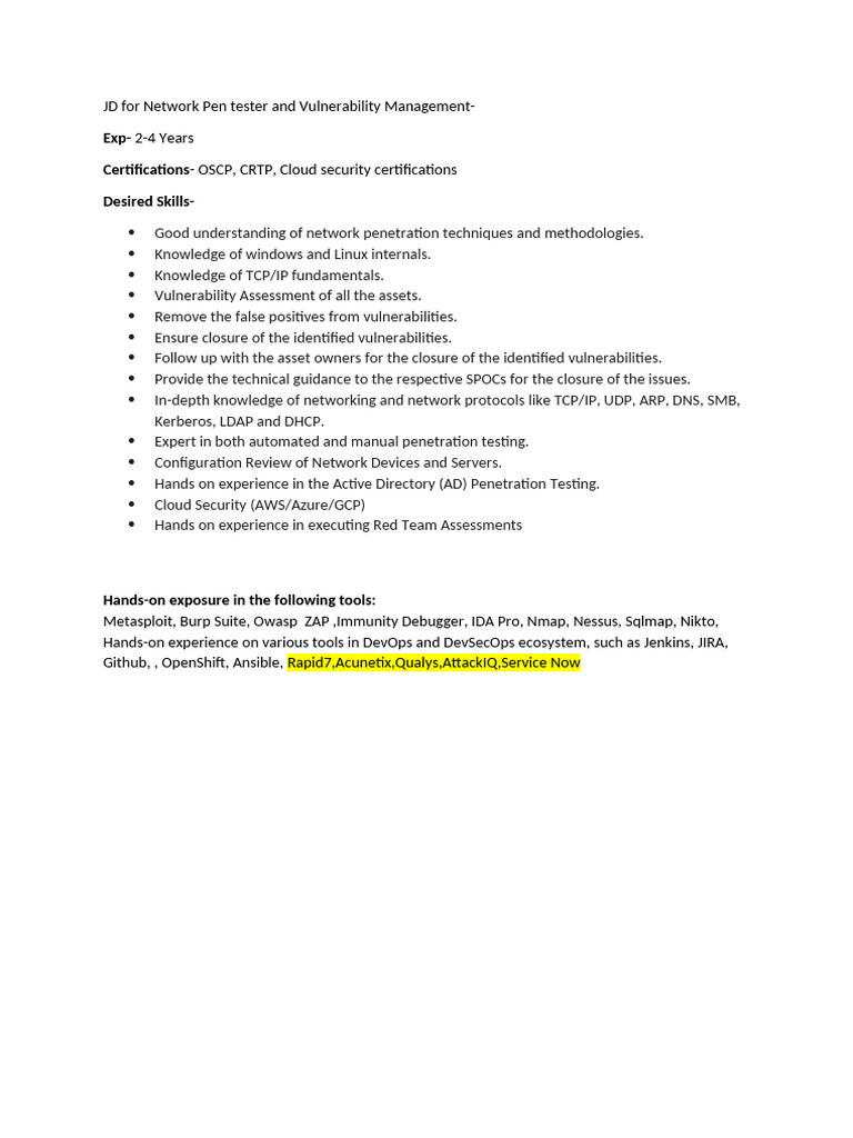 JD For Network Pen Tester and Vulnerability Management | PDF