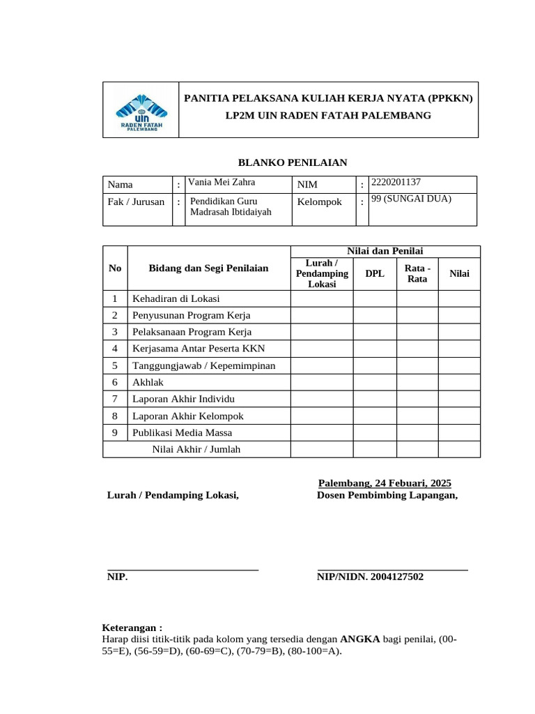 Blanko Penilaian KKN Reguler 2025 PRINT 1 | PDF