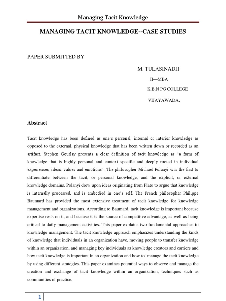 Tacit Knowledge in Knowledge Management | PDF | Tacit Knowledge | Community