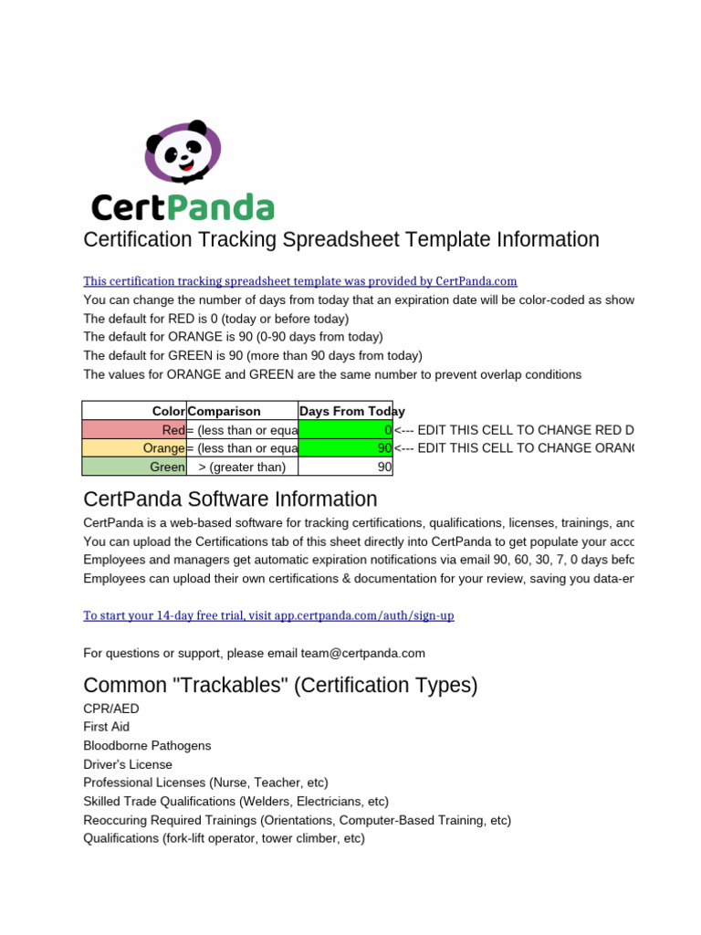 Certification Tracking Spreadsheet Template Powered by CertPanda | PDF | Spreadsheet