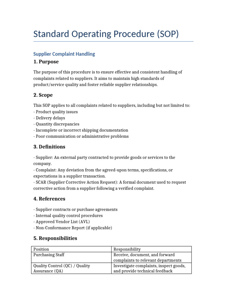 SOP Supplier Complaint Handling | PDF | Quality Assurance | Specification (Technical Standard)