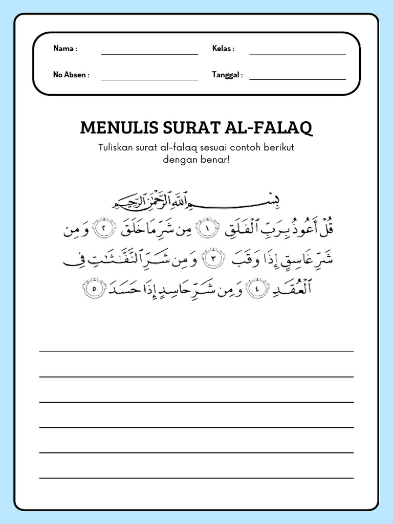 Lkpd Pendidikan Agama Islam Menulis Surat Al-Falaq Putih Biru Sederhana | PDF