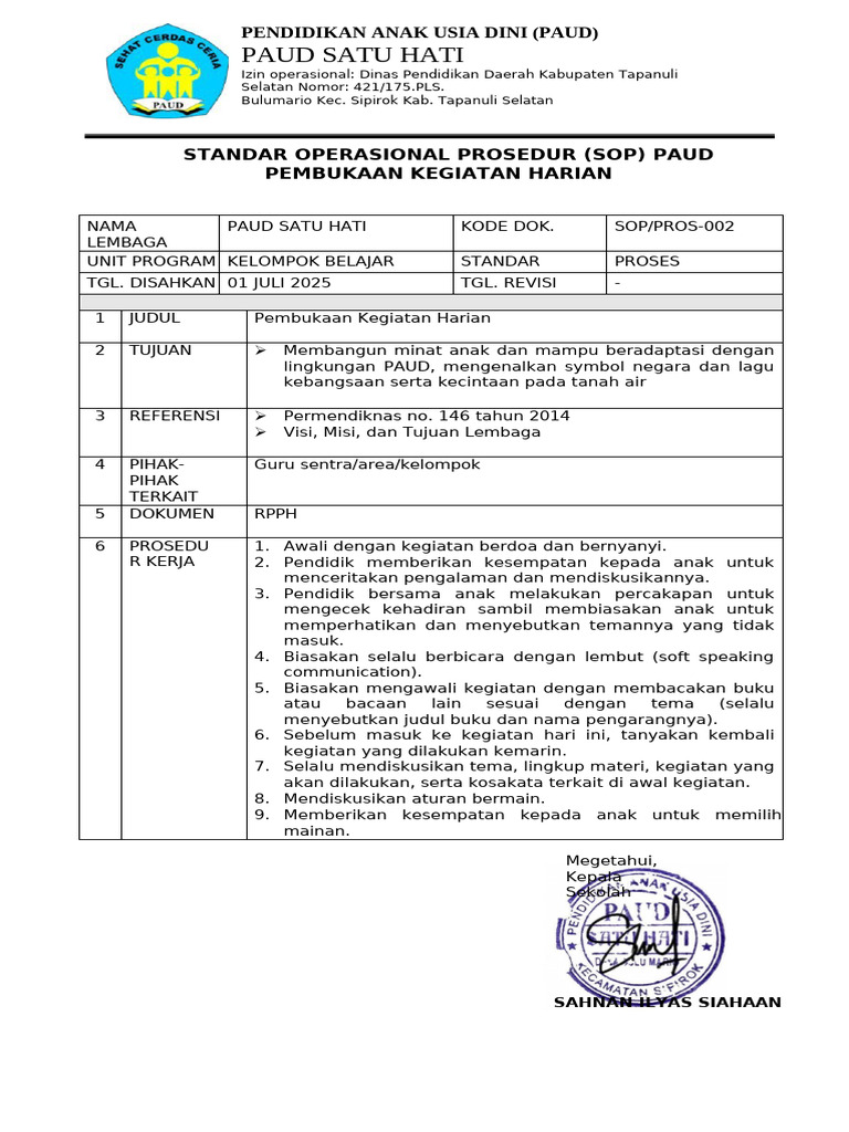 SOP Pembukaan Kegiatan Harian PAUD | PDF