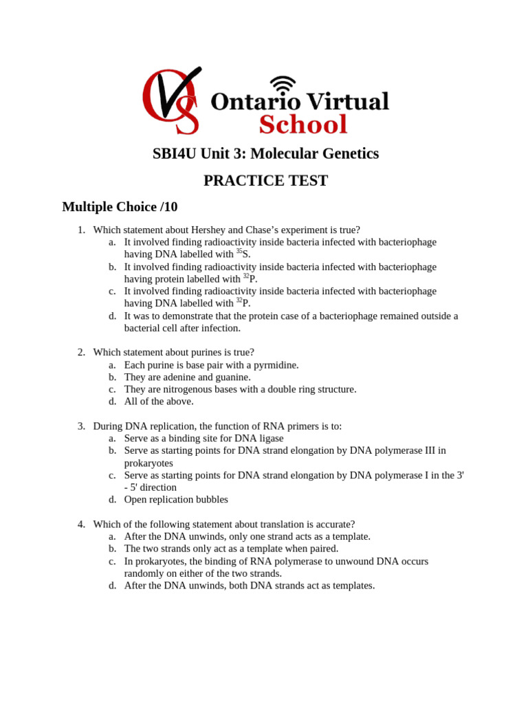 SBI4U Molecular Genetics Practice Test | PDF | Dna | Gene