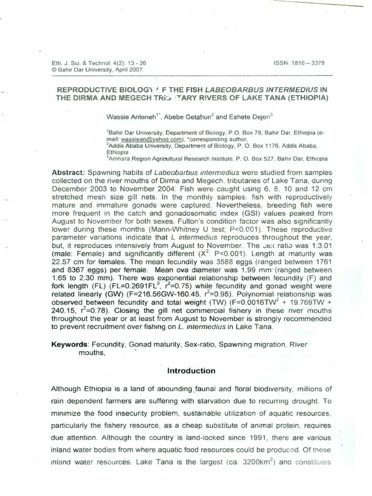 Reproductive Biology of Labeobarbus intermedius | PDF