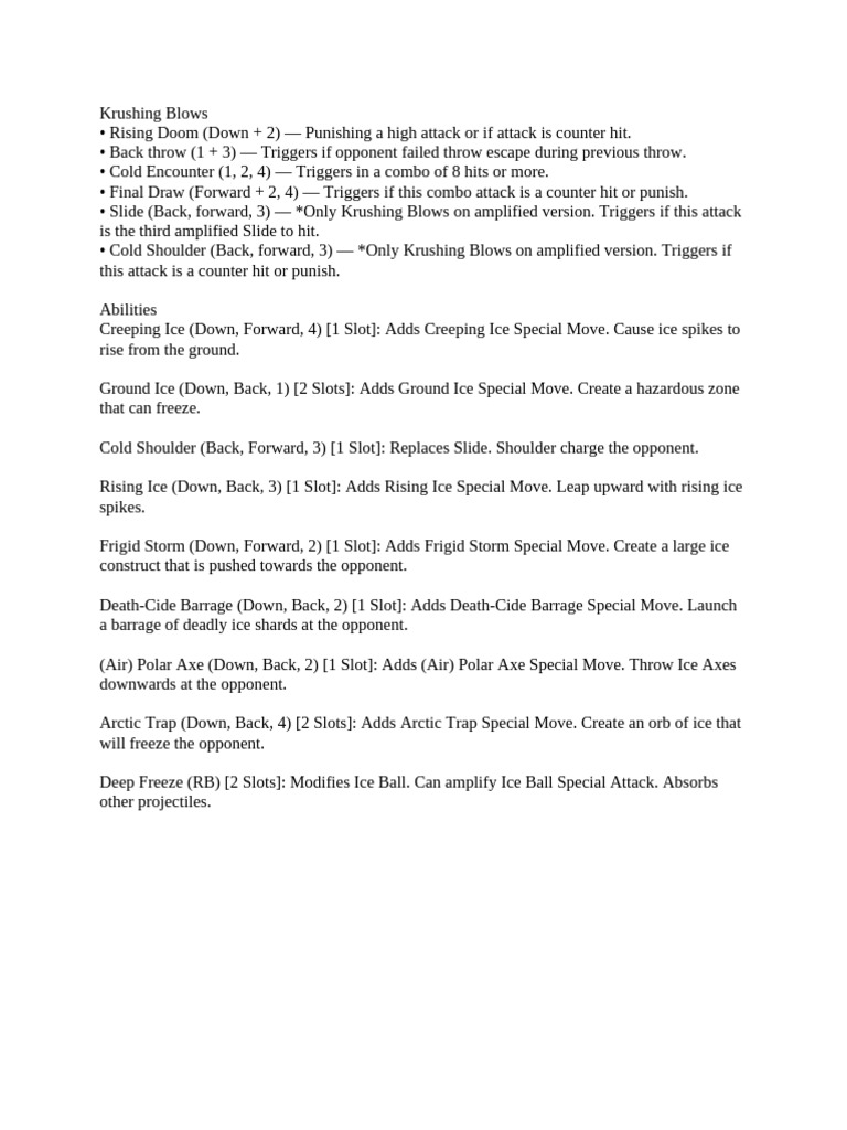 Sub Zero Move List and Abilities | PDF