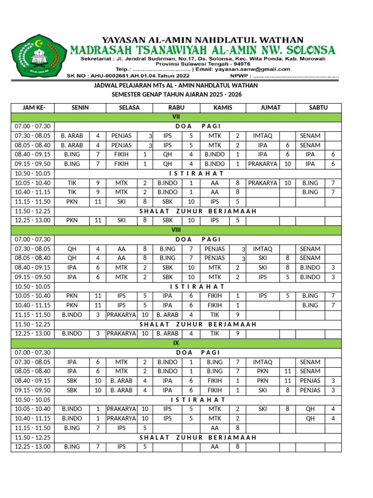 Jadwal Pelajaran MTs Al-Amin 2025-2026 | PDF