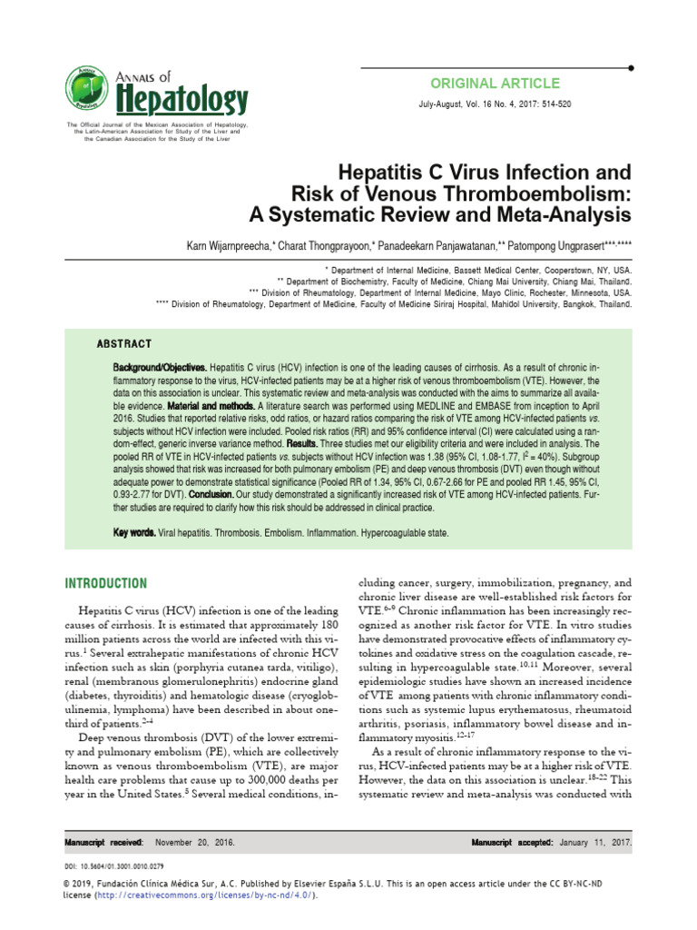 Hepatitis C Virus Infection and Risk of Venous Tromboembolism A ...