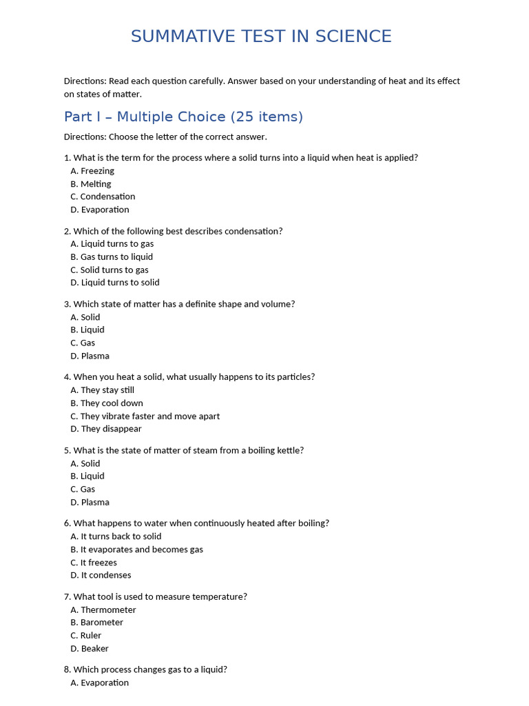 Summative Test in Science | PDF | Evaporation | Liquids