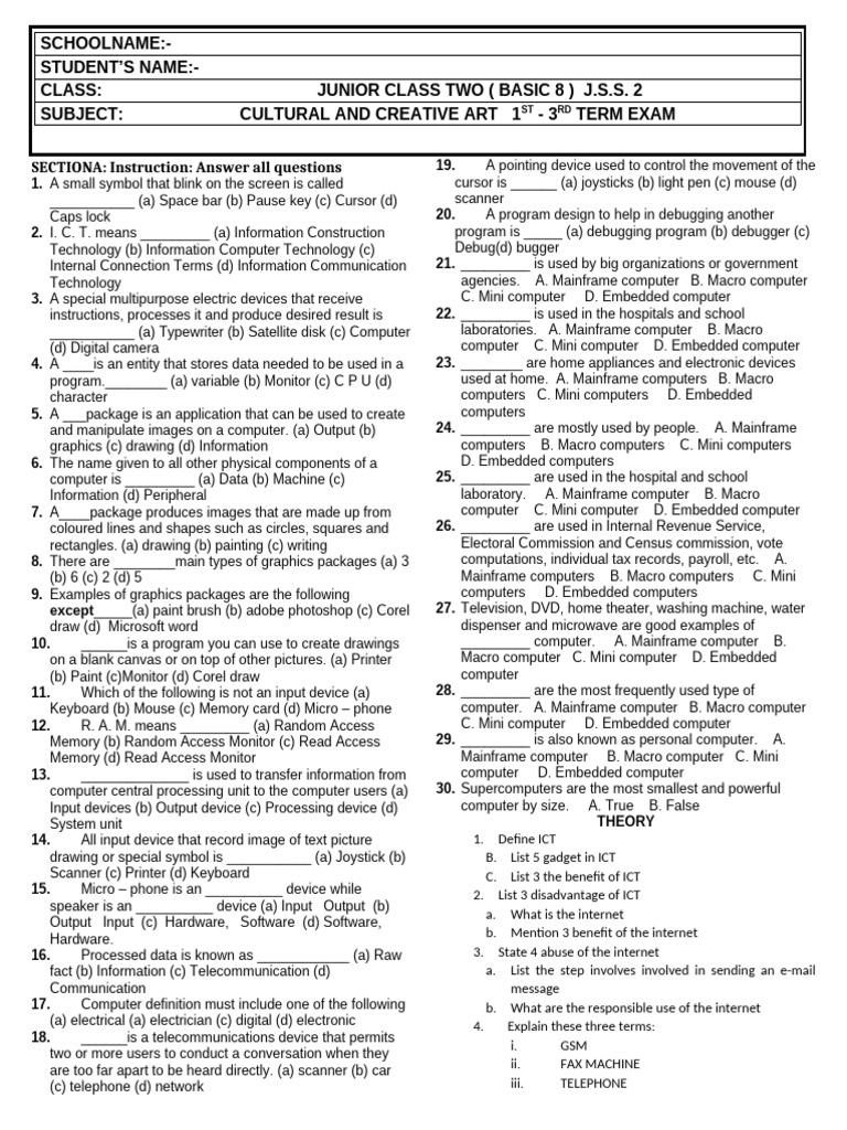 Computer I.T. Jss2 3rd Term Exam | PDF | Embedded System | Computer Keyboard