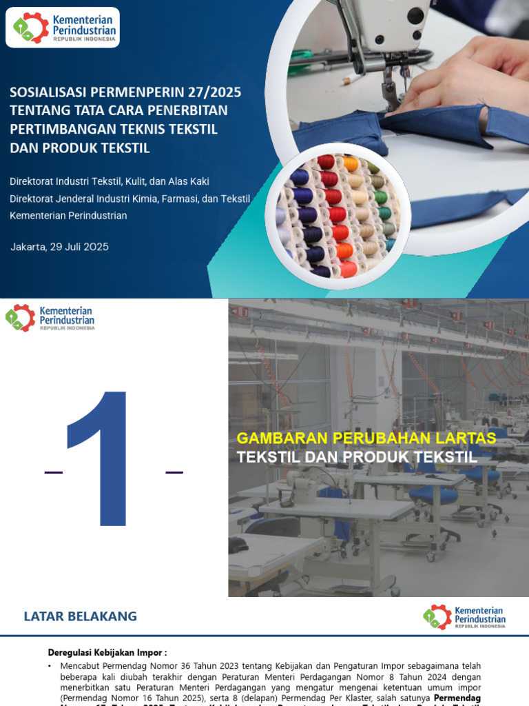 Dit. ITKAK - Sosialisasi Permenperin 27 2025 Pertek Impor TPT Final (Rev2) | PDF