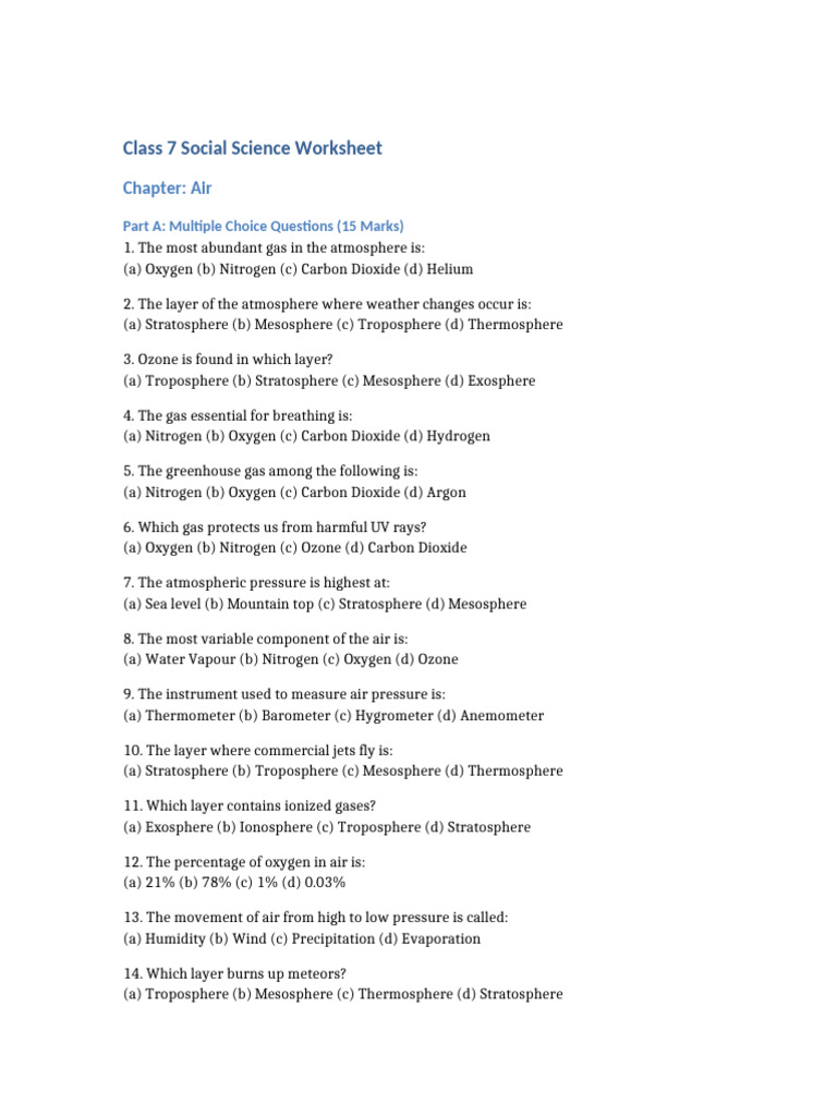 Class 7 Social Science Air Worksheet | PDF | Atmosphere Of Earth ...