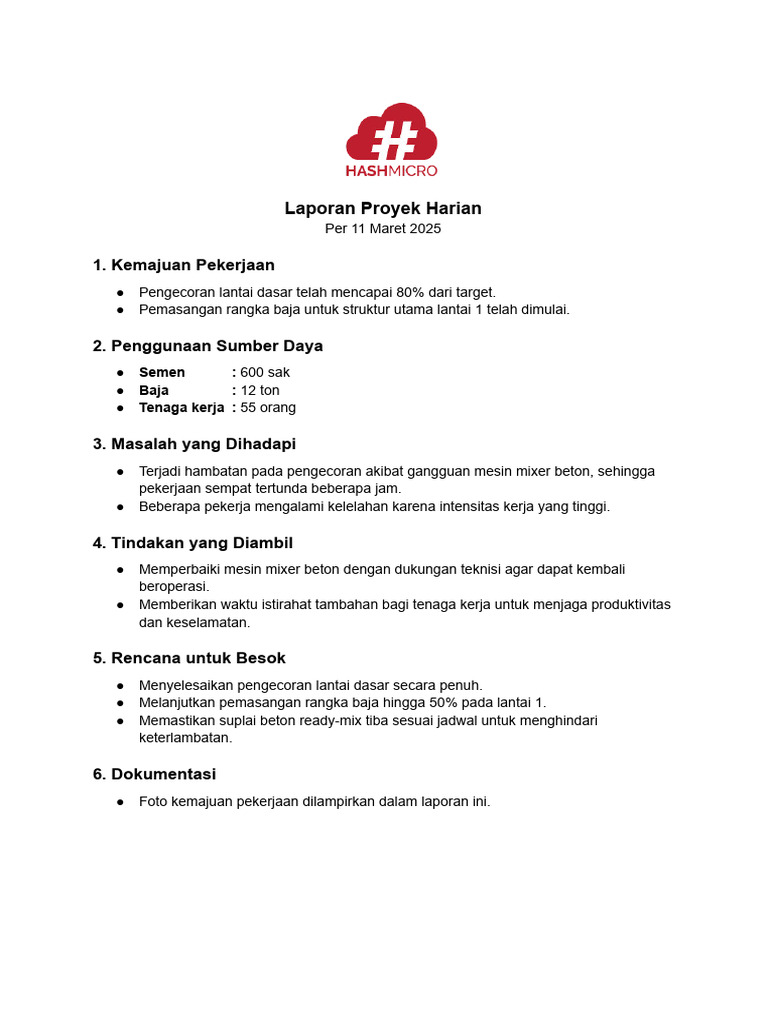 Laporan Progres Harian Proyek 11 Maret | PDF