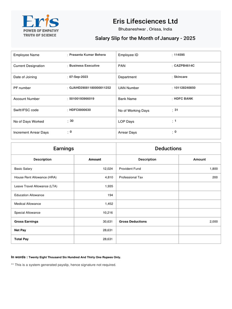 Eris Lifesciences LTD: Salary Slip For The Month of January - 2025 | PDF