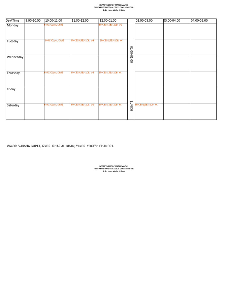 BSC H Maths Iii Sem Time Table Odd Sem 2025 | PDF