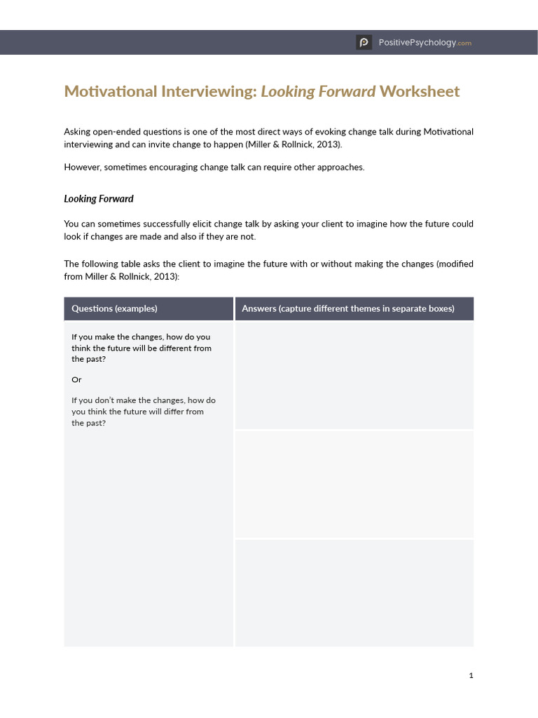 Motivational Interviewing Looking Forward Worksheet | PDF