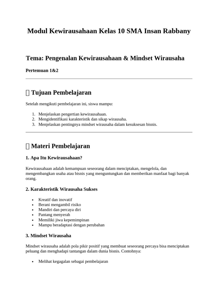 Modul Kewirausahaan Kelas 10 SMA Insan Rabbany | PDF