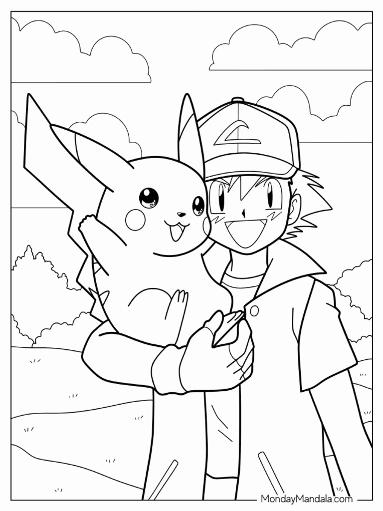 Simple Outline of Ash Carrying Pikachu Coloring Page | PDF