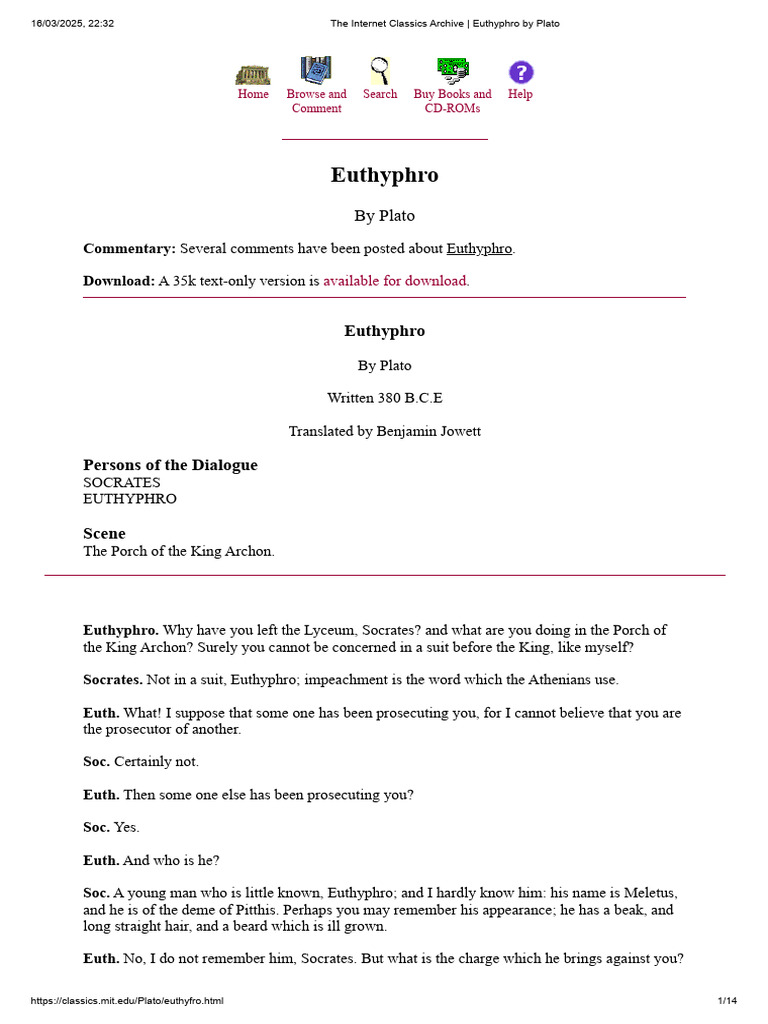The Internet Classics Archive - Euthyphro by Plato | PDF | Socrates