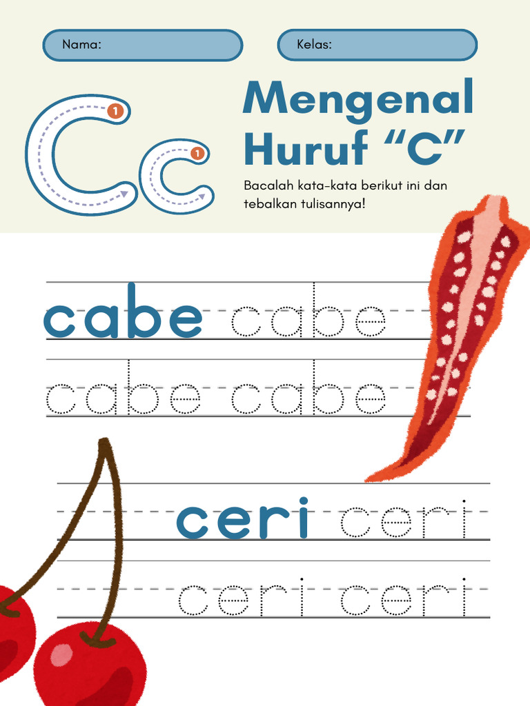 Mengenal Huruf C Lembar Kerja Biru Dan Putih Gaya Ceria | PDF