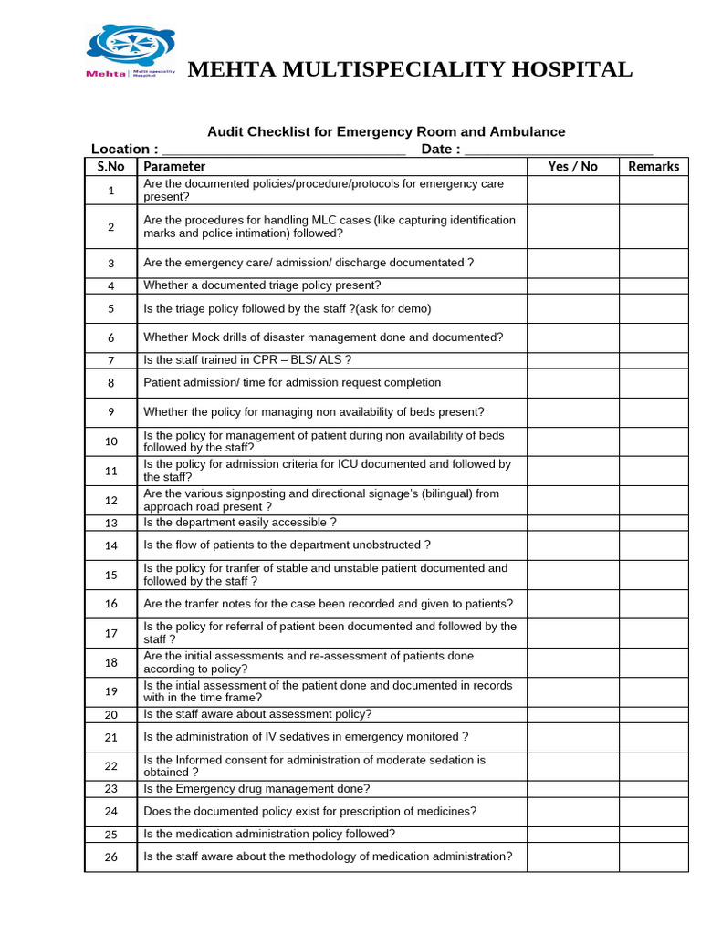 Emergency Department Audit Checklist | PDF | Emergency Department ...