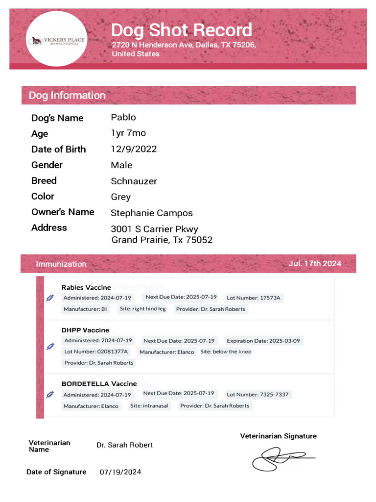 Dog Vaccination Record for Pablo | PDF