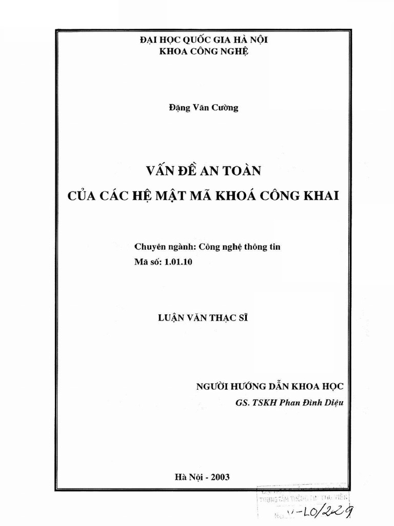 Luận Văn Vấn Đề an Toàn Của Các Hệ Mật Mã Khoá Công Khai | PDF