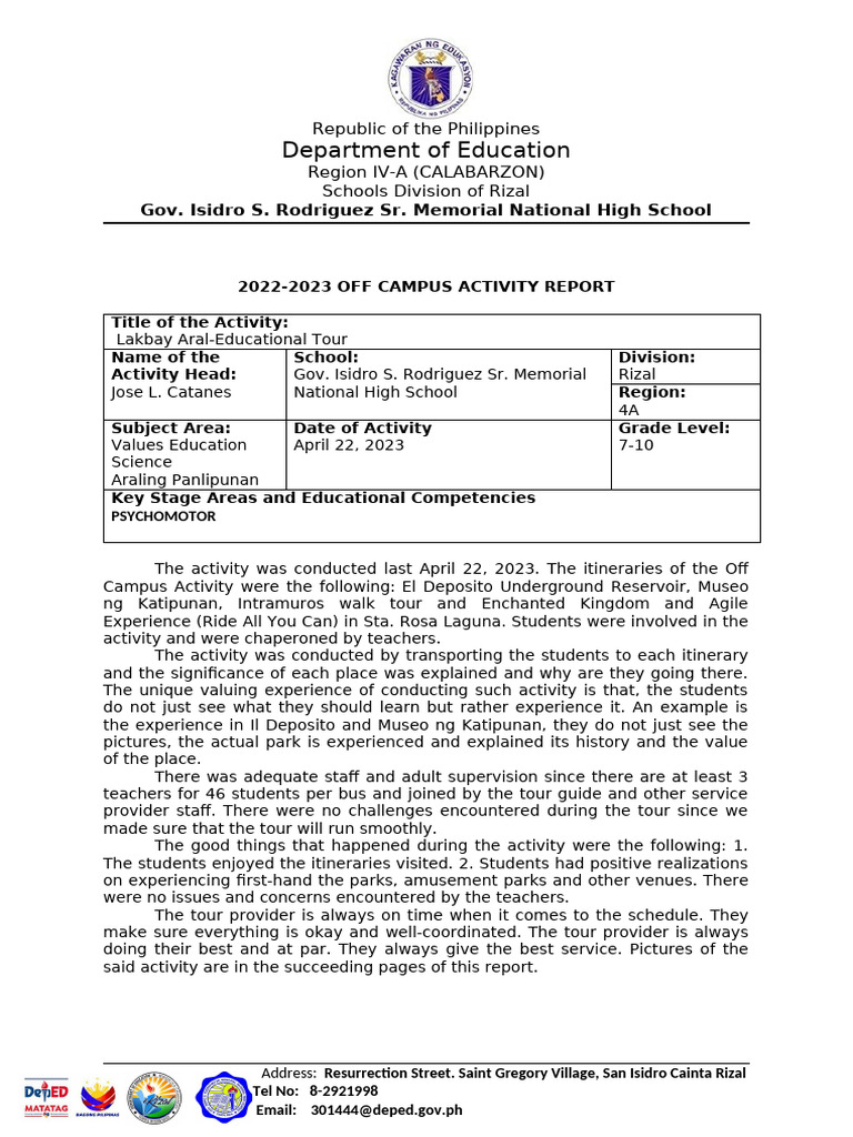 Off-Campus Educational Tour Report | PDF | Philippines