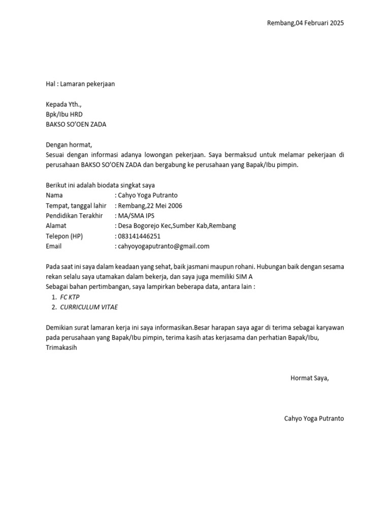 Surat Lamaran Edit Docx 1 | PDF