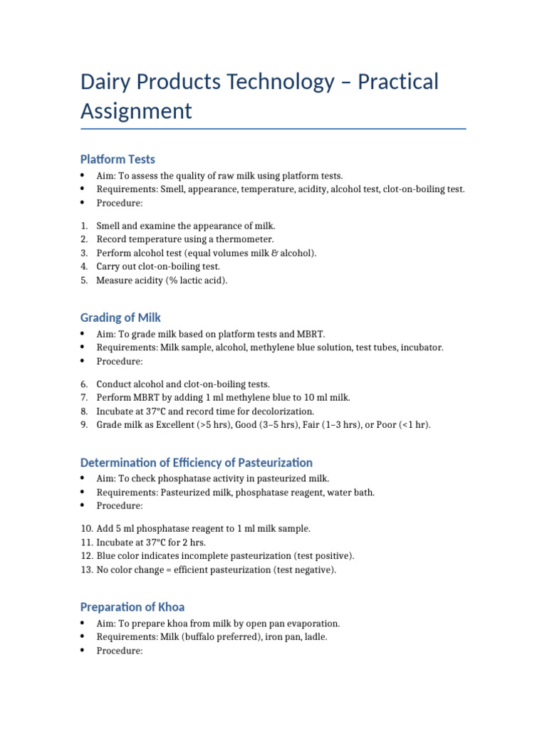 Dairy Products Technology Practicals Assignment | PDF | Milk | Chess ...
