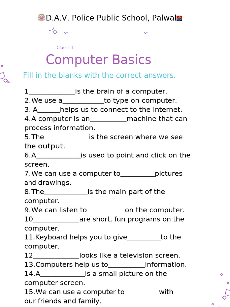 Computer Basics Fill in The Blanks Computer Worksheet For Class 1 | PDF