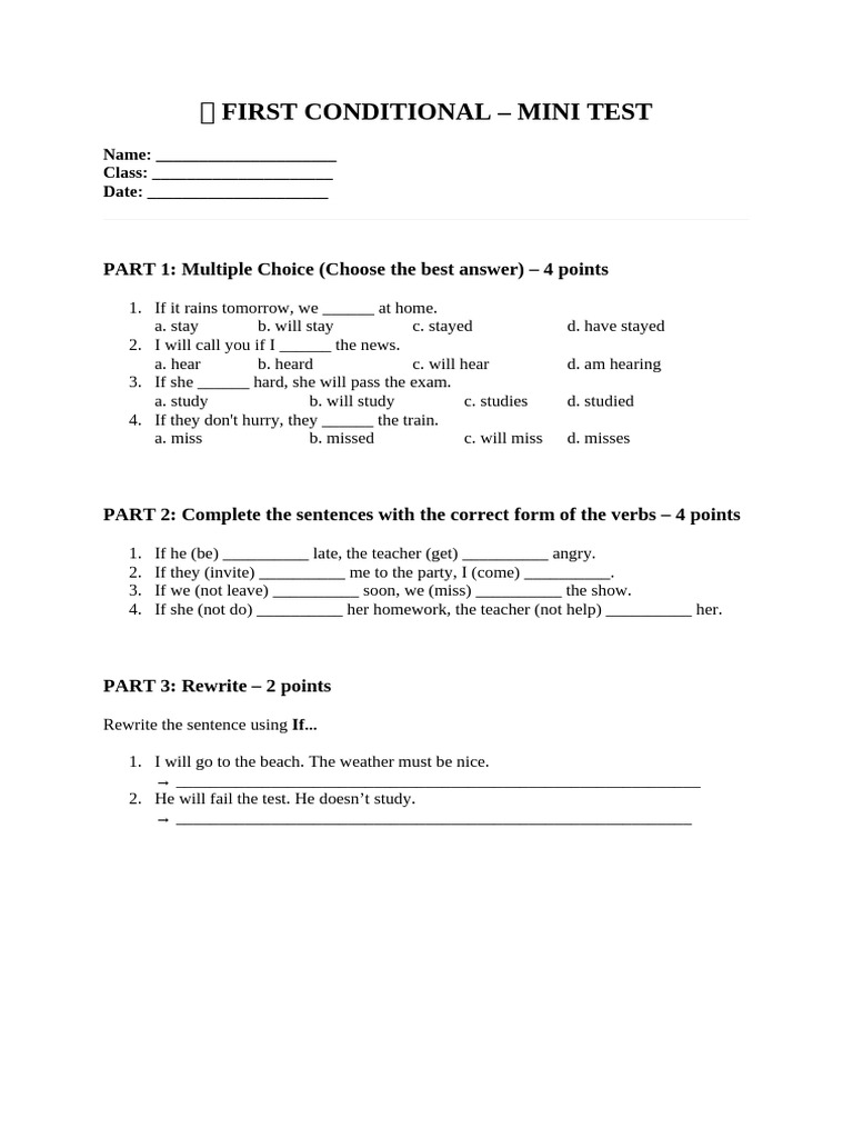 ? First Conditional Mini Test | PDF