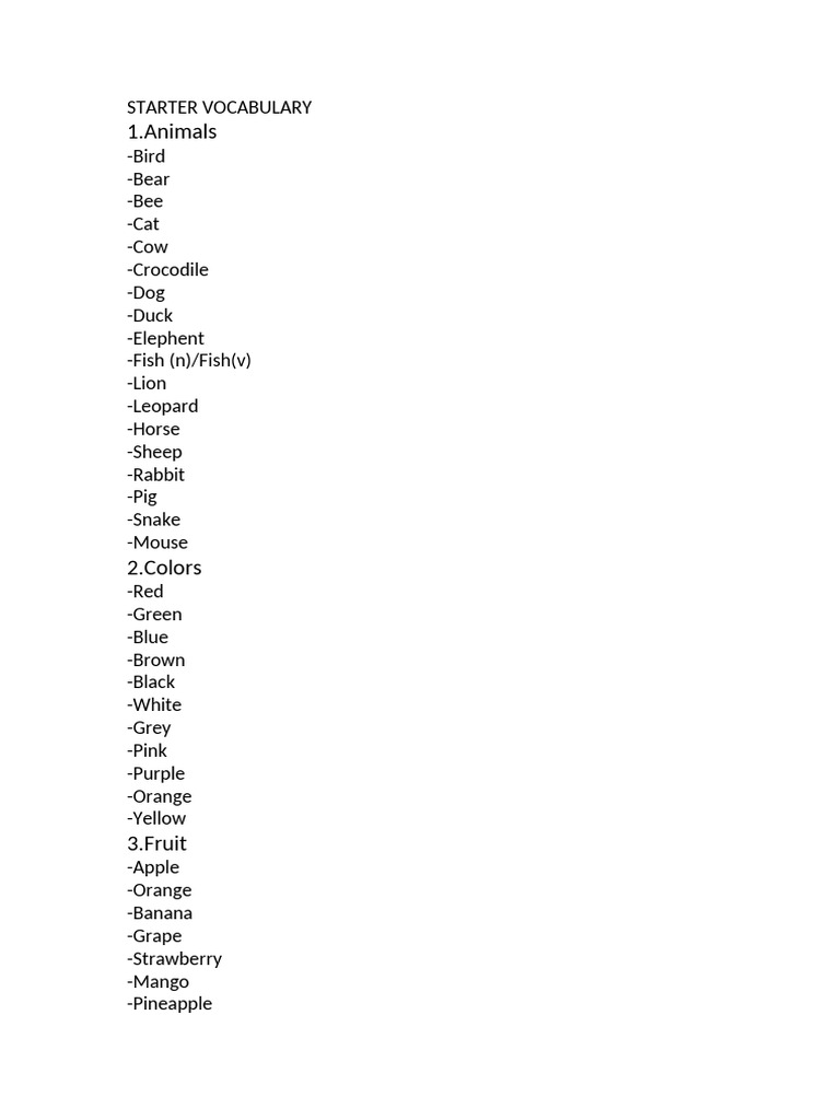 Starter Vocabulary | PDF