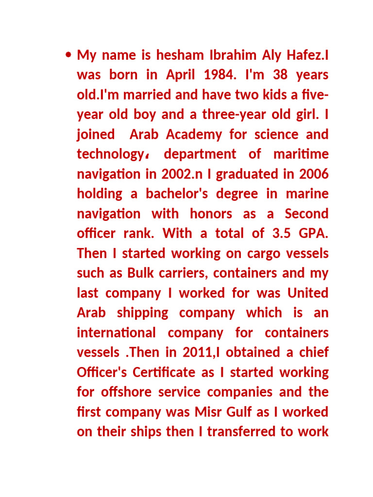 Maritime Career Journey of Hesham Hafez | PDF