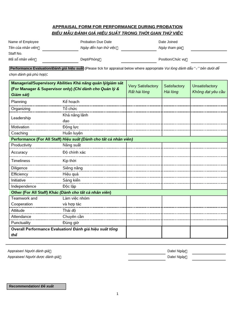 Appraisal Form For Performance During Probation - Template | PDF