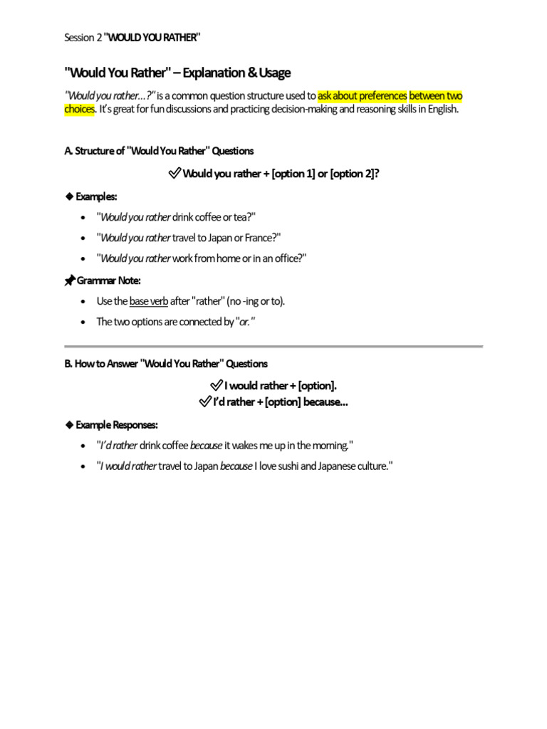 Would You Rather - Explanation & Usage | PDF